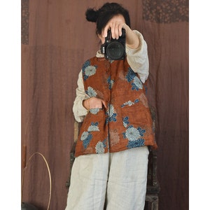 Linen Floral Padded Vest Retro Cotton Warm Vest for Women - Etsy