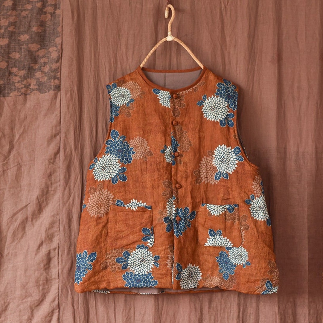 Linen Floral Padded Vest Retro Cotton Warm Vest for Women - Etsy
