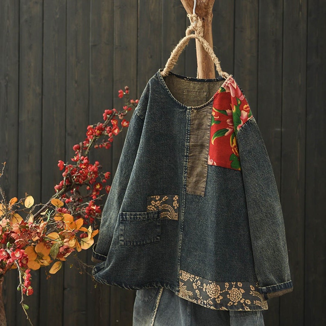Retro Patchwork Denim Blouse-cotton Patchwork Floral Pullover Top for Women - Etsy