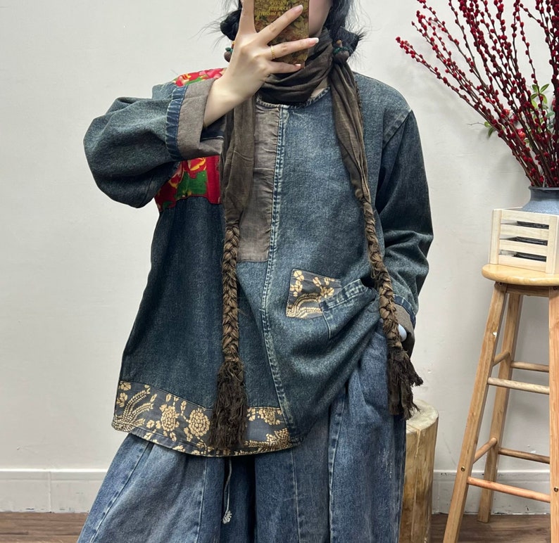 Retro Patchwork Denim Blouse-cotton Patchwork Floral Pullover - Etsy