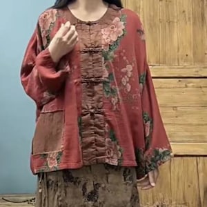 Retro Floral Topred Cotton Floral Jacketbohemian Style Top/jacket - Etsy