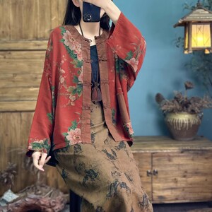 Retro Floral Topred Cotton Floral Jacketbohemian Style Top/jacket - Etsy