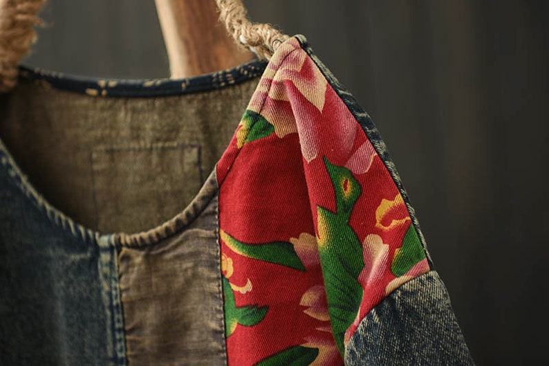 Retro Patchwork Denim Blouse-cotton Patchwork Floral Pullover - Etsy