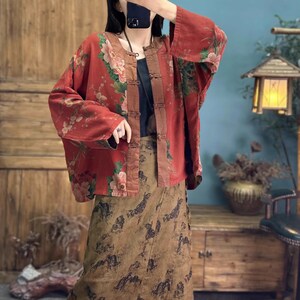 Retro Floral Topred Cotton Floral Jacketbohemian Style Top/jacket - Etsy