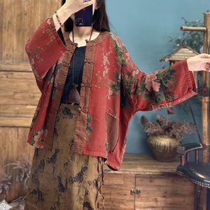 Retro Floral Topred Cotton Floral Jacketbohemian Style Top/jacket - Etsy