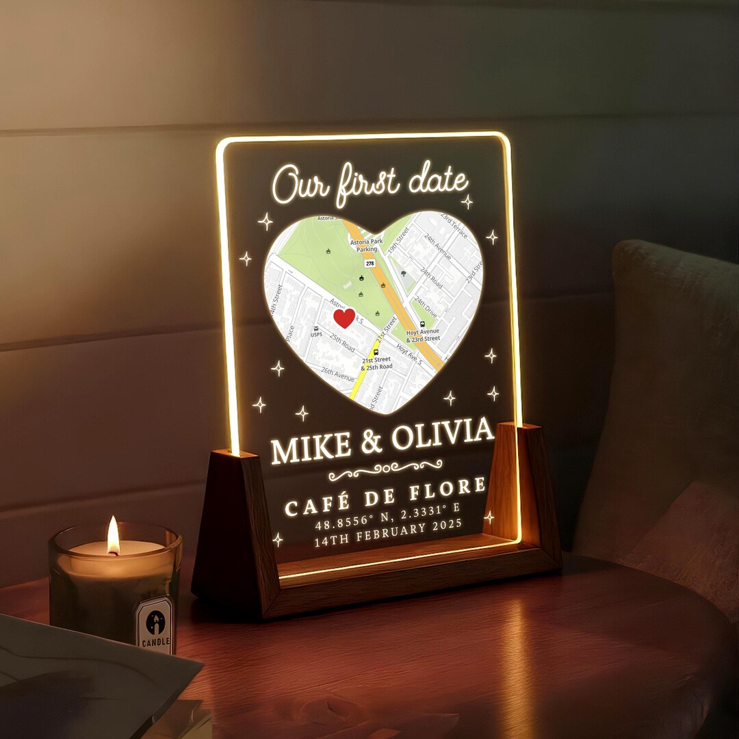 Our First Date Heart Map LED Night Light, Personalized Coordinates Lamp ...