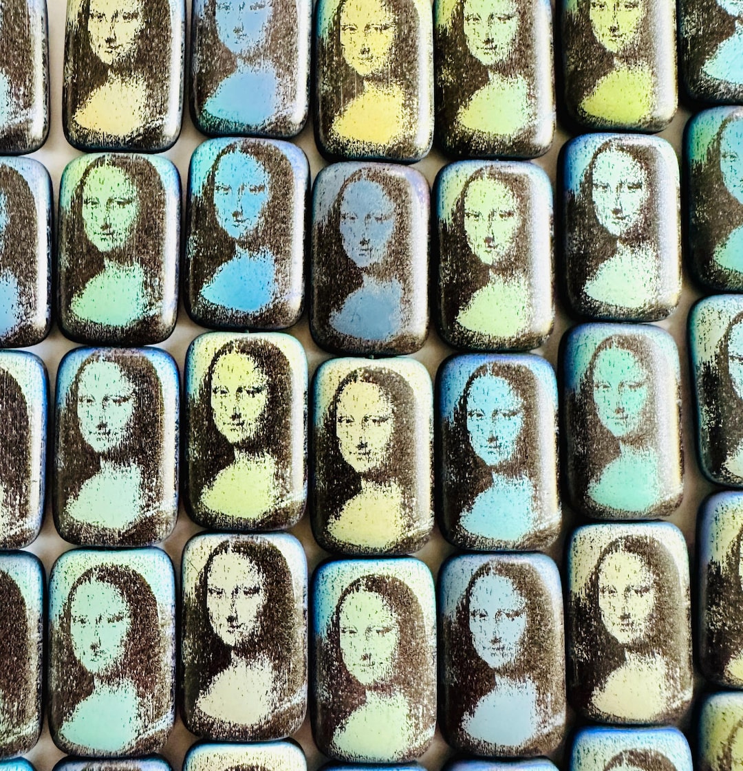 Czech Glass Mona Lisa Matte Jet AB Laser Tattoo Etched Rectangle Bead ...
