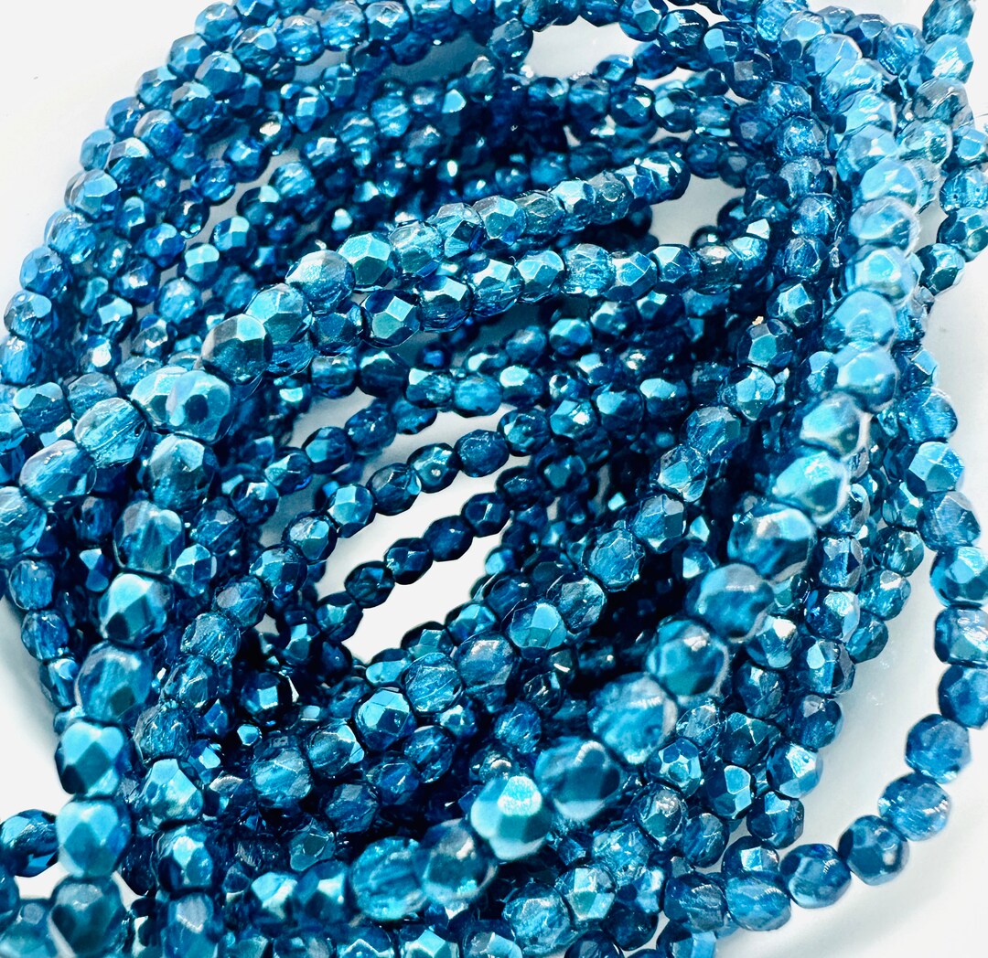 3mm Czech Fire Polish Aqua Metallic Ice Beads - Round Faceted (50 Beads ...