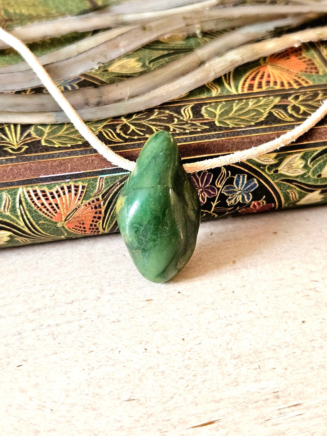 Budstone Prasem Jade Pendant, 30 X 18 X 10 Mm, Drilled, on Adjustable ...