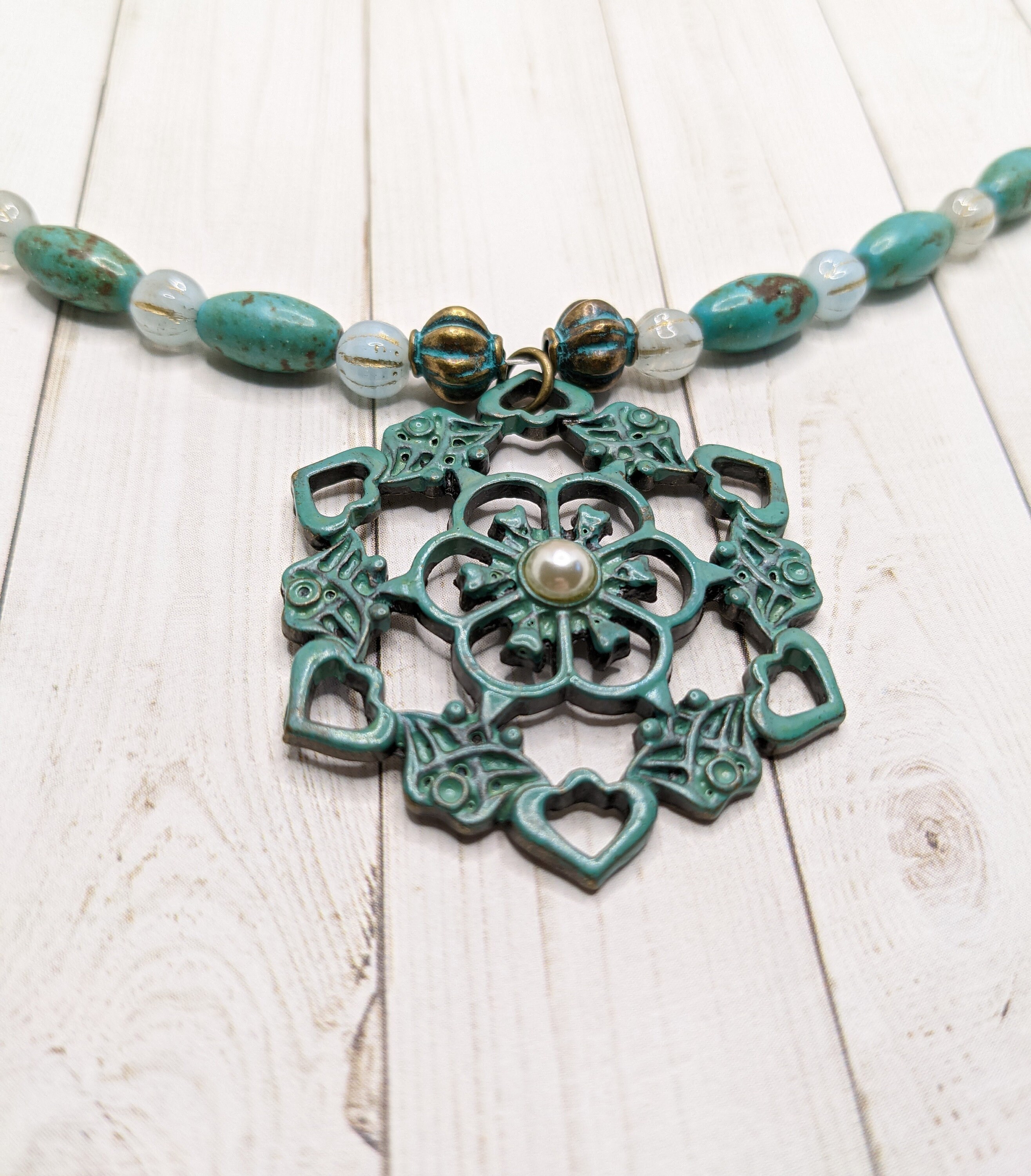 Turquoise and Brown Beaded Necklace Snowflake Pendant - Etsy UK