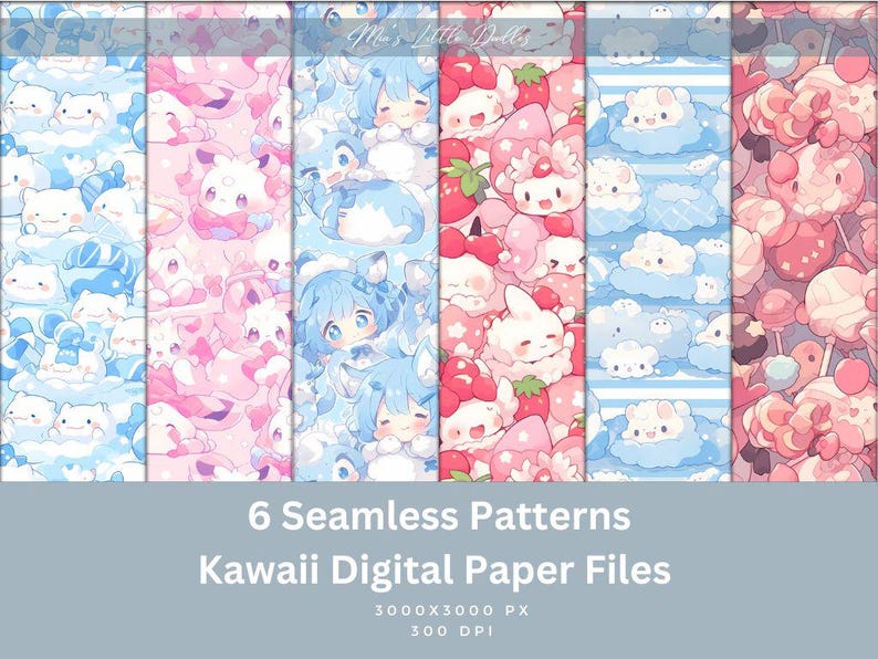 Kawaii Digital Paper Set, Cute Kawaii Patter, Digital Art, Digital ...