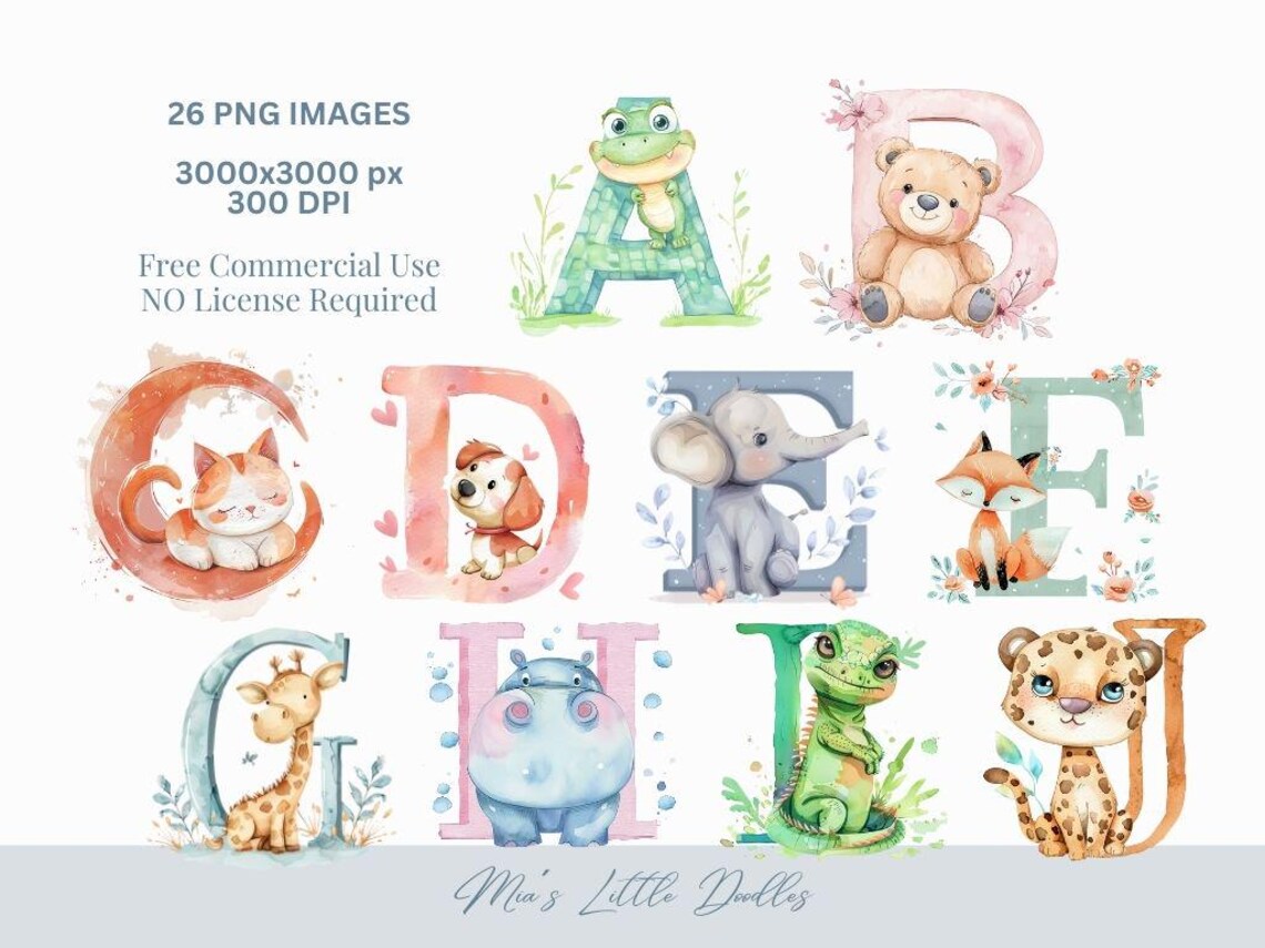 Watercolor Alphabet Animal Clipart, Alphabet Letter Clipart, Nursery ...