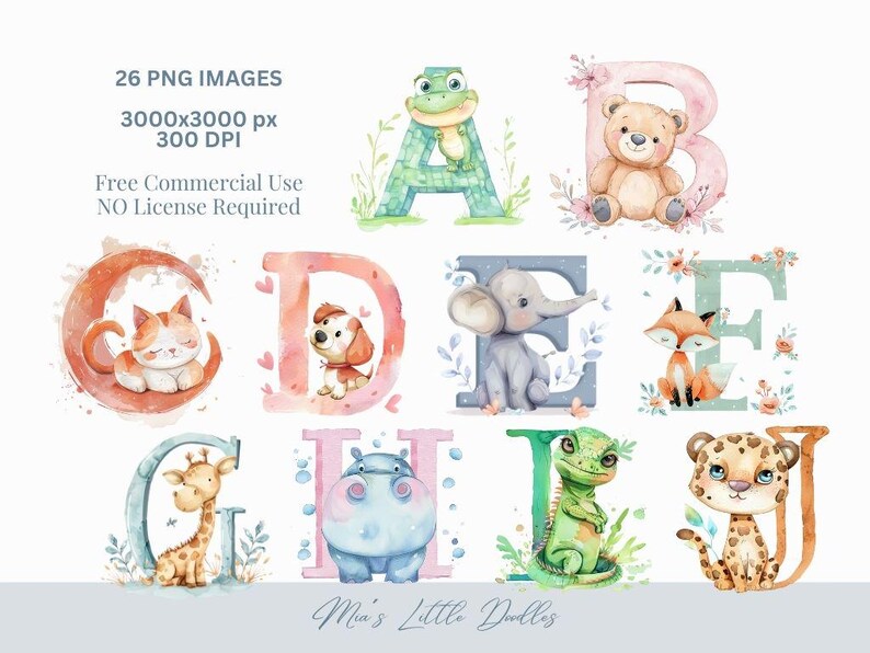 Watercolor Alphabet Animal Clipart, Alphabet Letter Clipart, Nursery ...