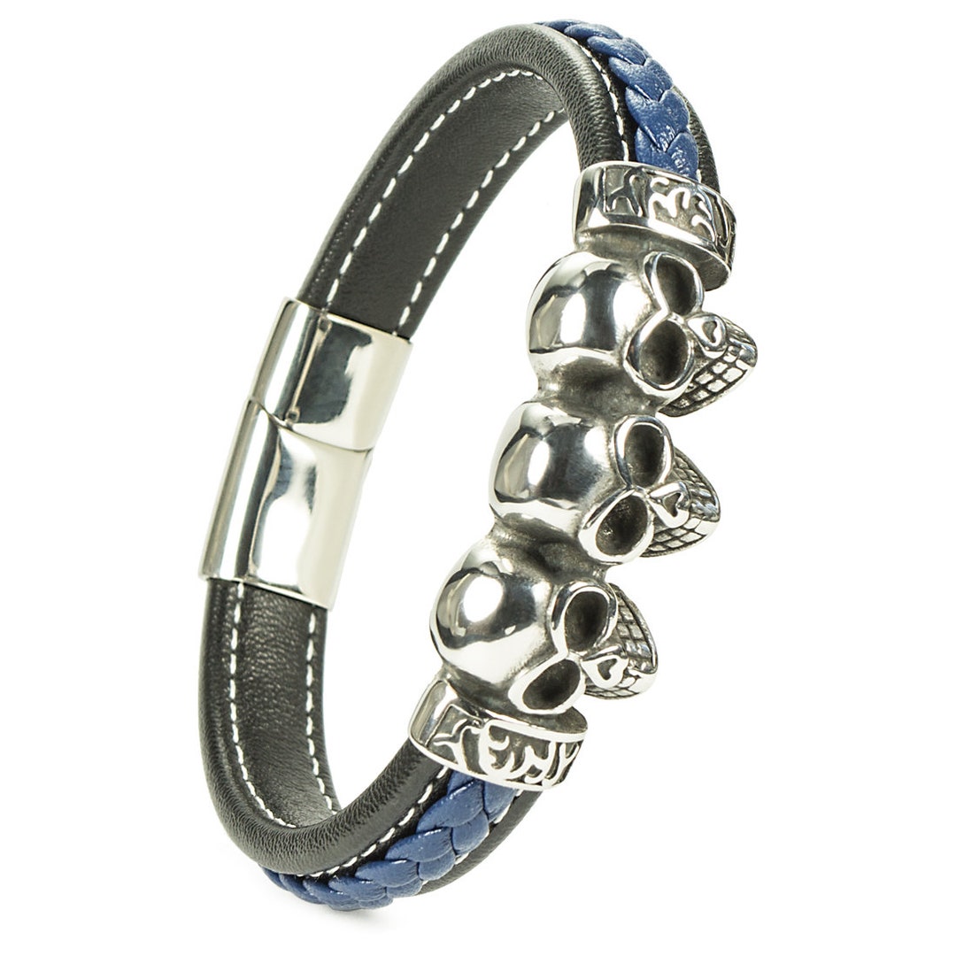 Rocker Men's Bracelet in Genuine Leather Braided With Skull and With ...