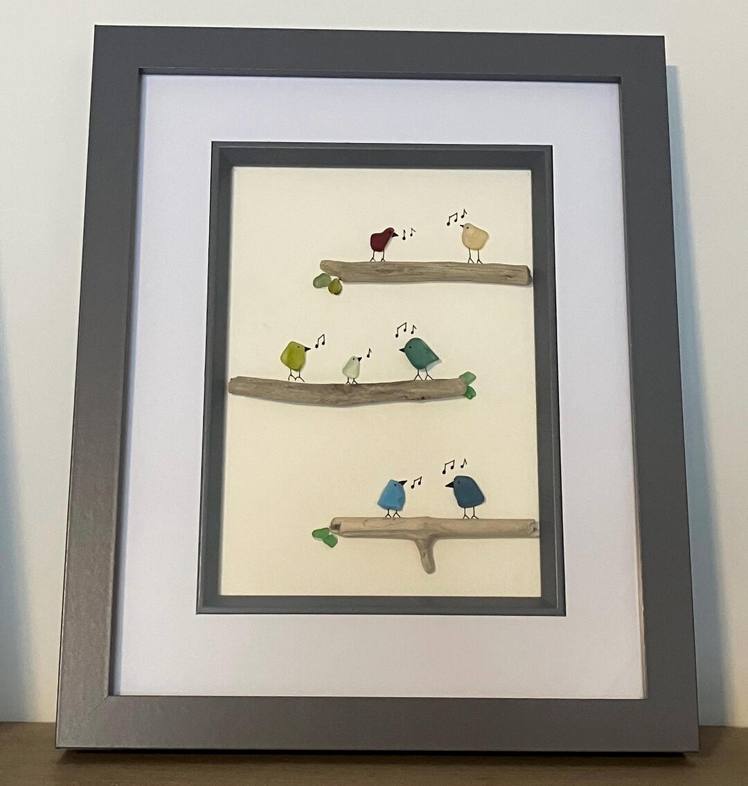 Rainbow Birds on Branches Sea Glass Framed Art - Etsy