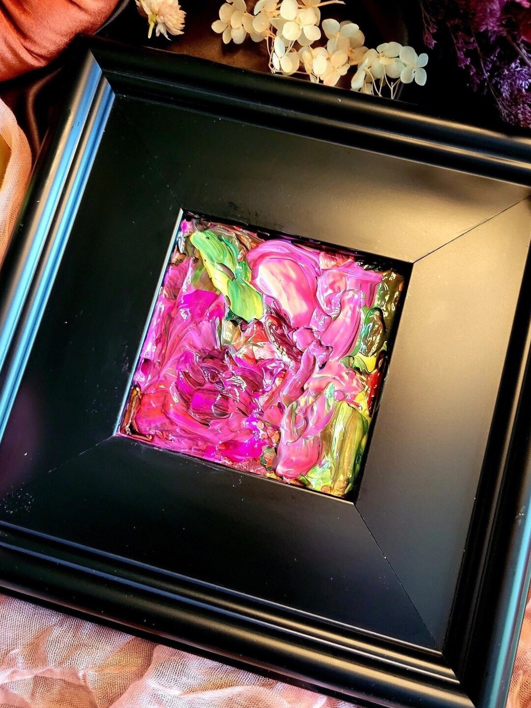 Mini Framed Hot Pink Rose Flower Original Painting,hot Pink Flowers ...