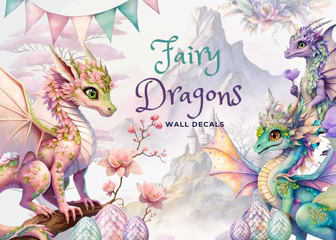 Whimsical Dragons Wall Decals for Kids / Girly Nursery Wall Sticker ...