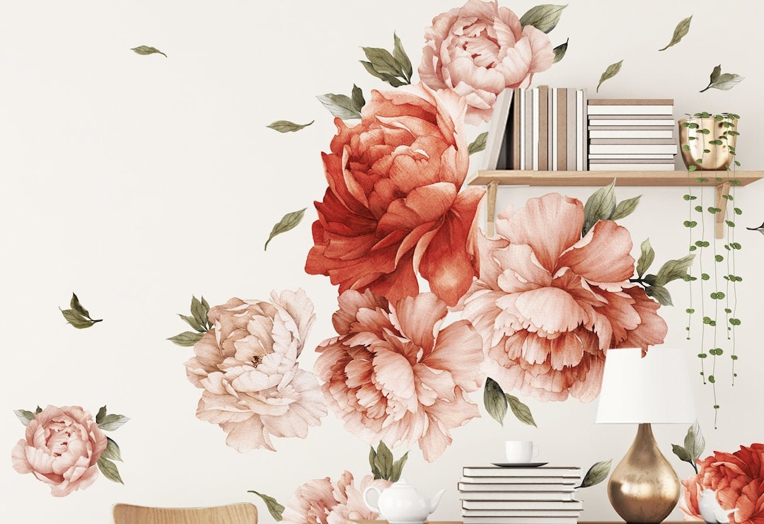 Large Peony Wall Decals – Removable Floral Stickers (blush & Terracotta ...