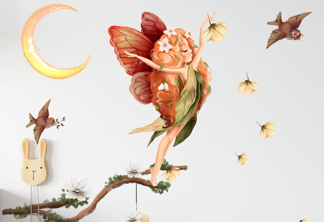Fairy Wall Decals for Girls Room With Fairy Tree, Flowers, Mushrooms ...