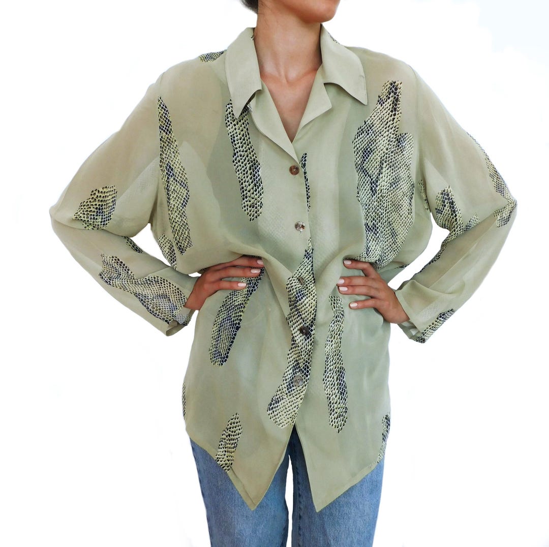 80s Green Snake Print Blouse/slouchy Blouse/long Sleeve Chiffon Blouse ...