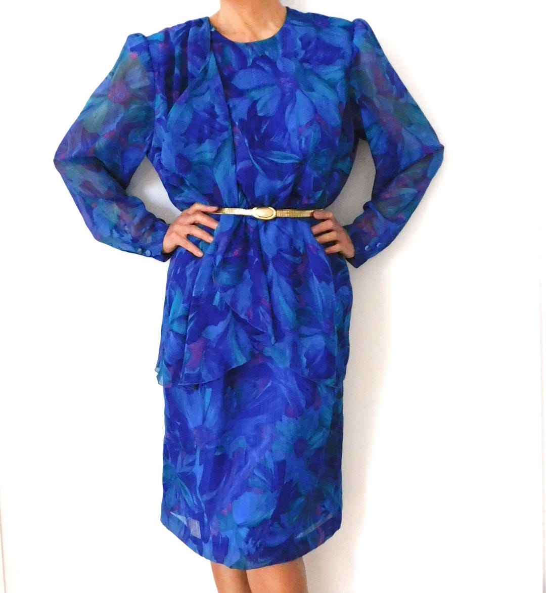 80s Blue Chiffon Dress/vintage Blue Floral Dress/vintage Garden Party ...
