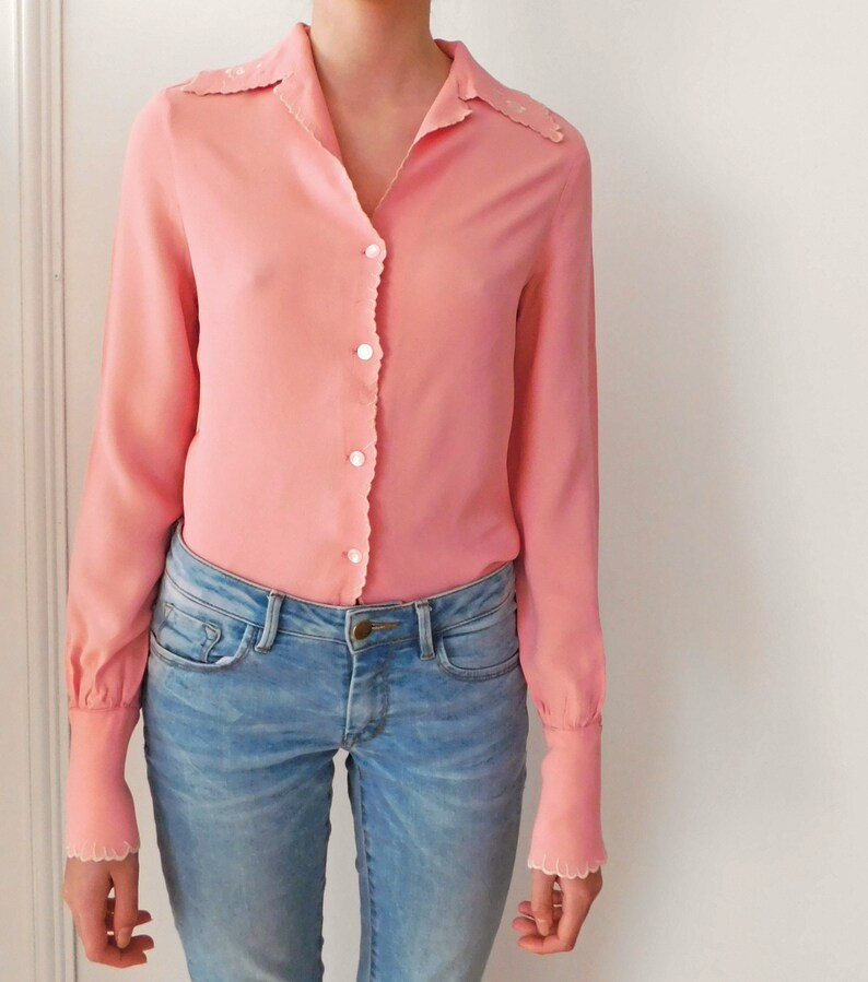 70s Salmon Pink Blouse/vintage Embroidery Blouse/french Vintage - Etsy