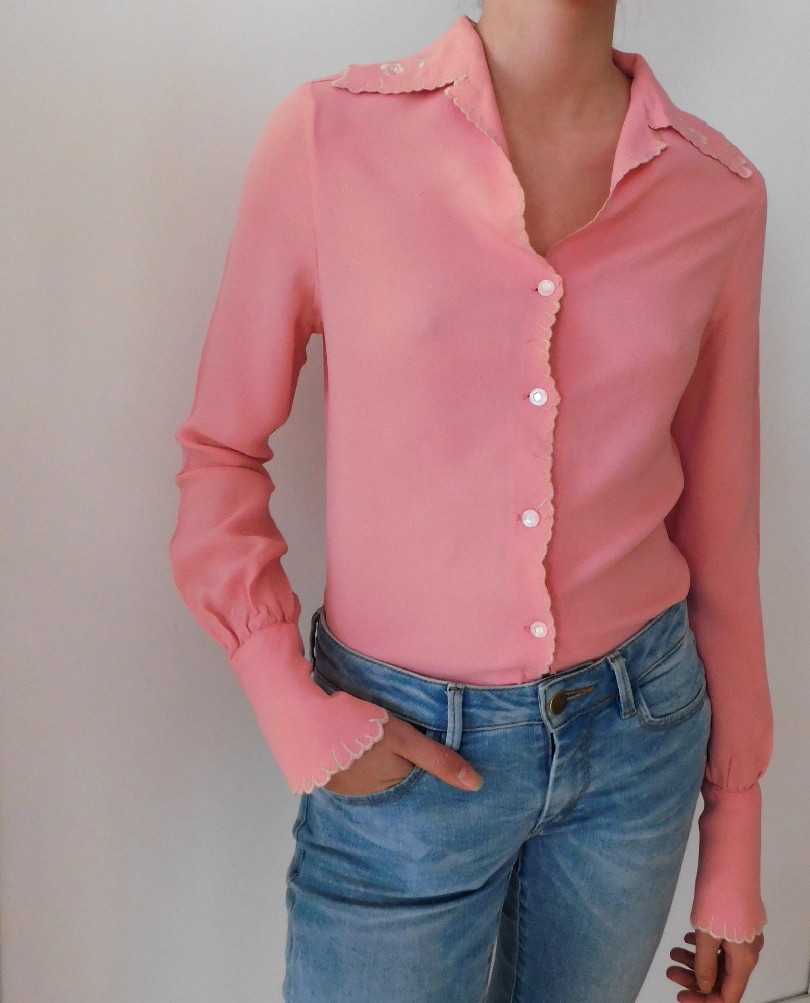 70s Salmon Pink Blouse/vintage Embroidery Blouse/french Vintage - Etsy