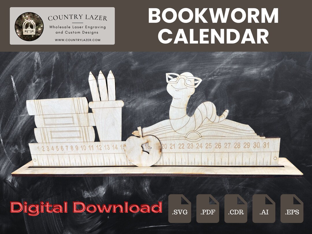 Digital Bookworm Calendar Svg, Pdf, Ai, Eps | Laser Engraving Download ...