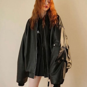 Oversized Leather Bomber Jacket, 90’s Leather Bomber Jacket, Y2K Bomber Jacket, Oversized Bomber ...
