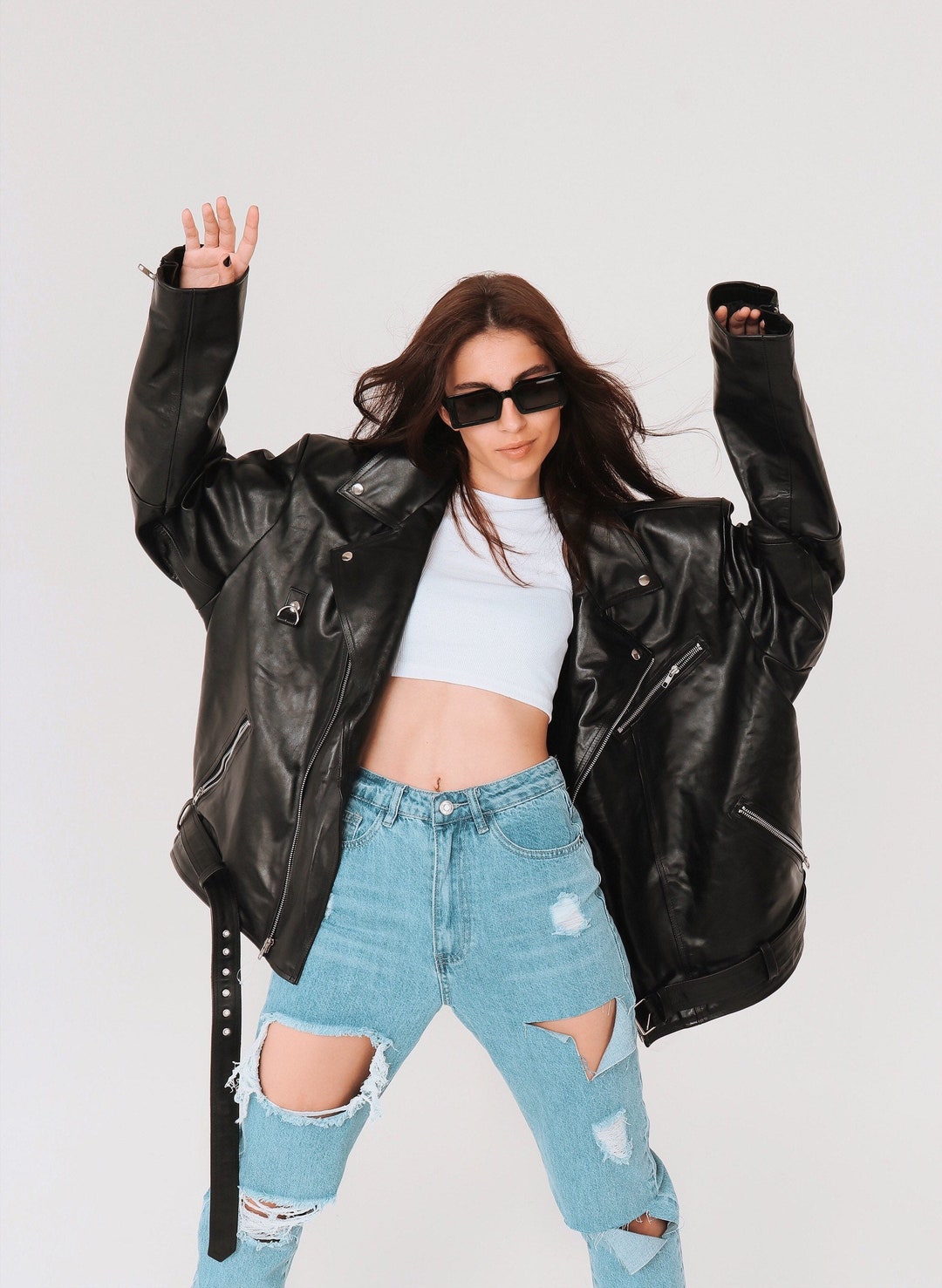 Oversized Leather Biker Jacket, Boyfriend Oversized Jacket, Leather ...