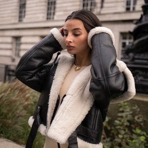 Short Aviator Shearling Leather Jacket, Aviator Shearling Fur Leather ...