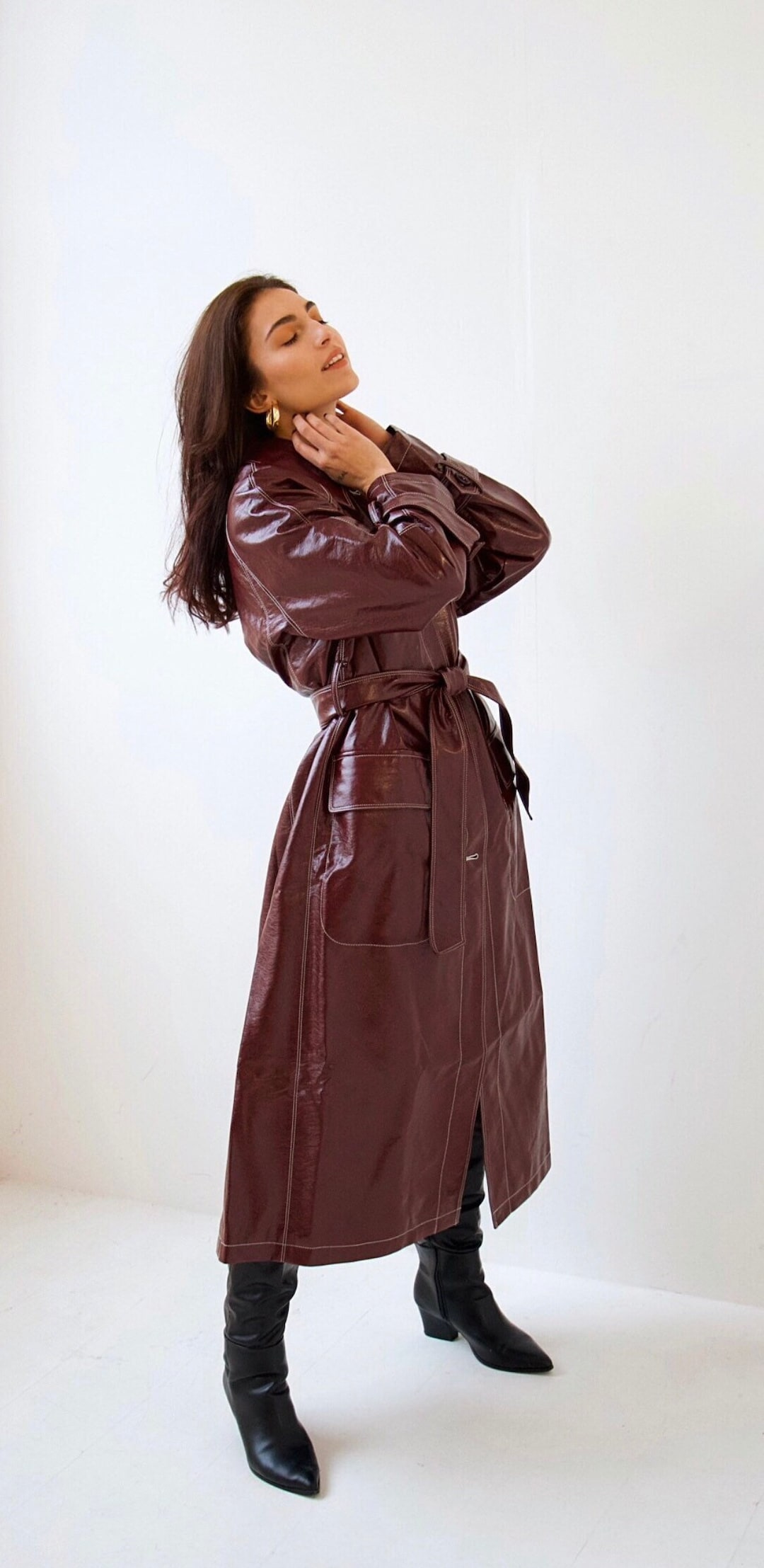 PU Leather Trench Coat, Purple Leather Trench Coat, Trench Coat, Autumn ...