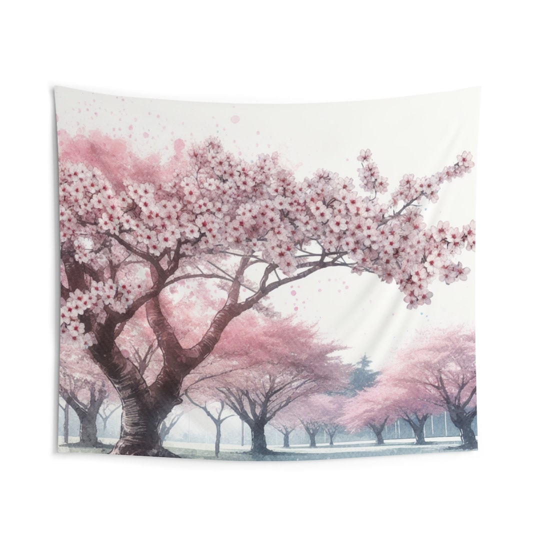 Cherry Blossom Trees Hanging Wall Tapestries Watercolor Tapestry Wall ...