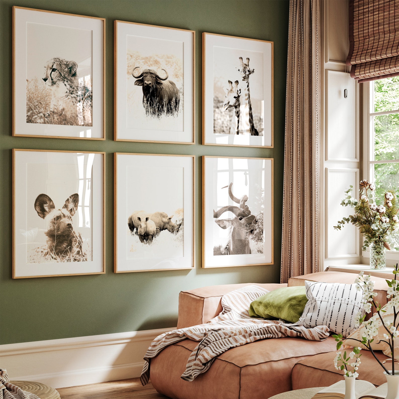 Safari Wall Art for Living Room. Set of 6 Neutral Prints of Wild ...
