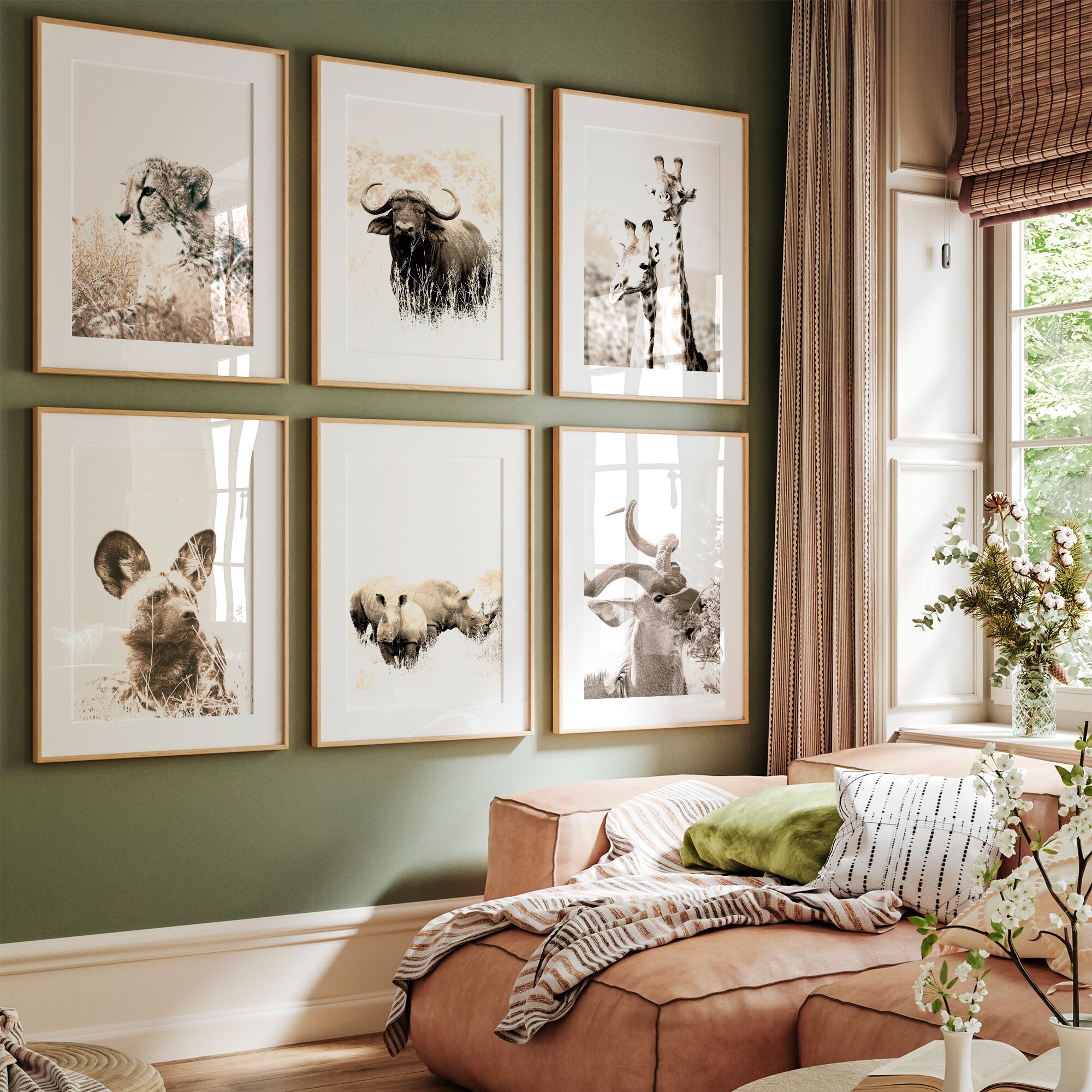 Safari Wall Art for Living Room. Set of 6 Neutral Prints of Wild ...