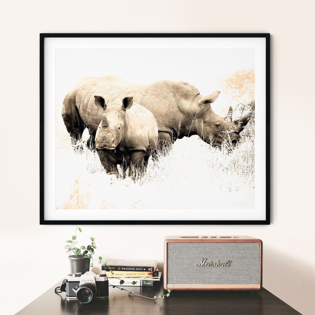 Rhinoceros Wall Art for Safari Wall Gallery. Wild Rhino Print in Sepia ...