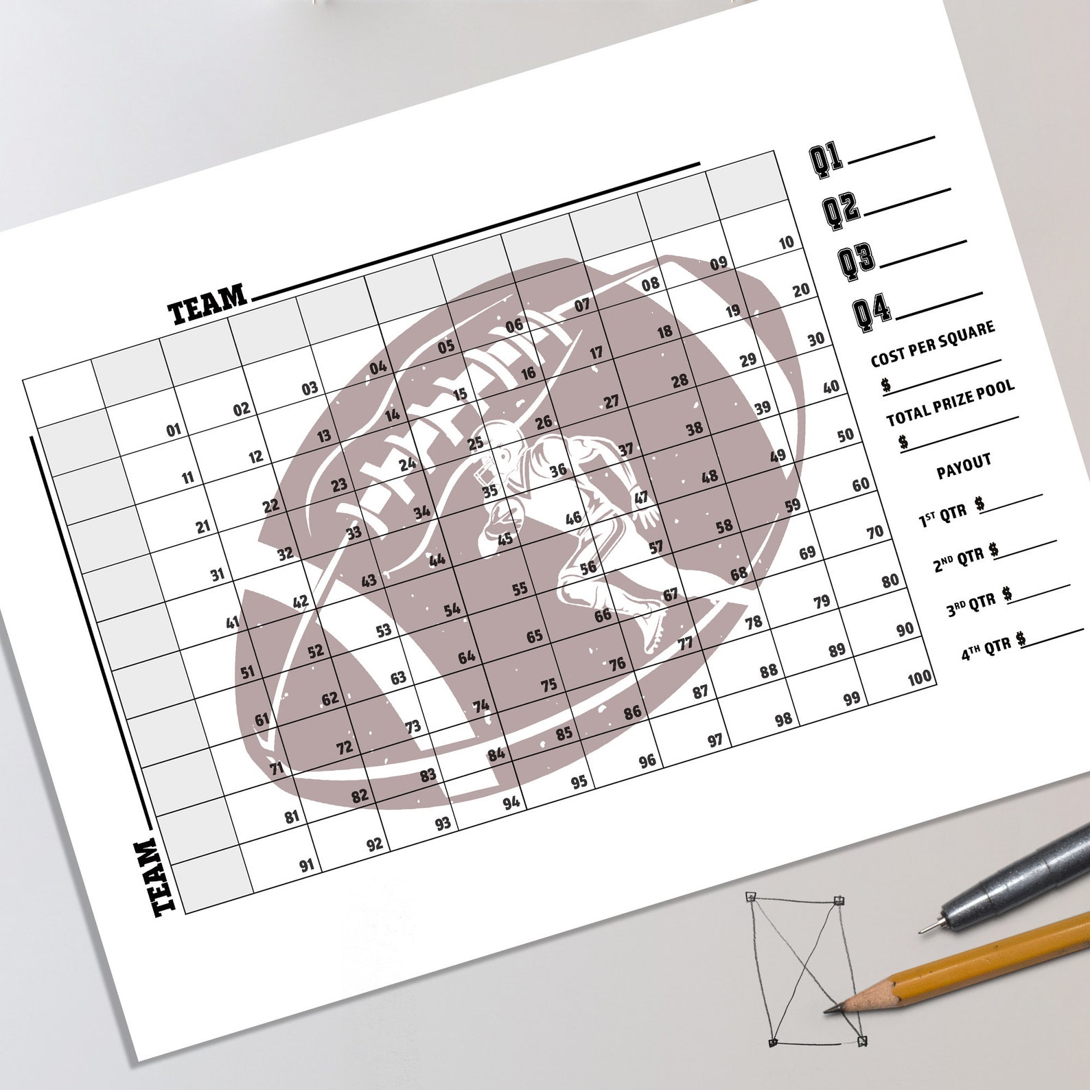 Printable 100 Squares Football Grid Numbers Instant Download Etsy