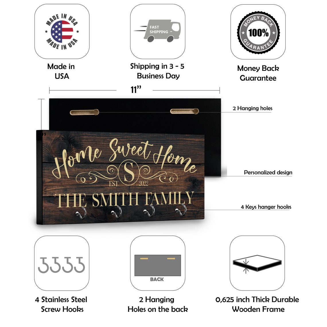 Personalized Key Holder for Wall Custom Key Hanger With - Etsy