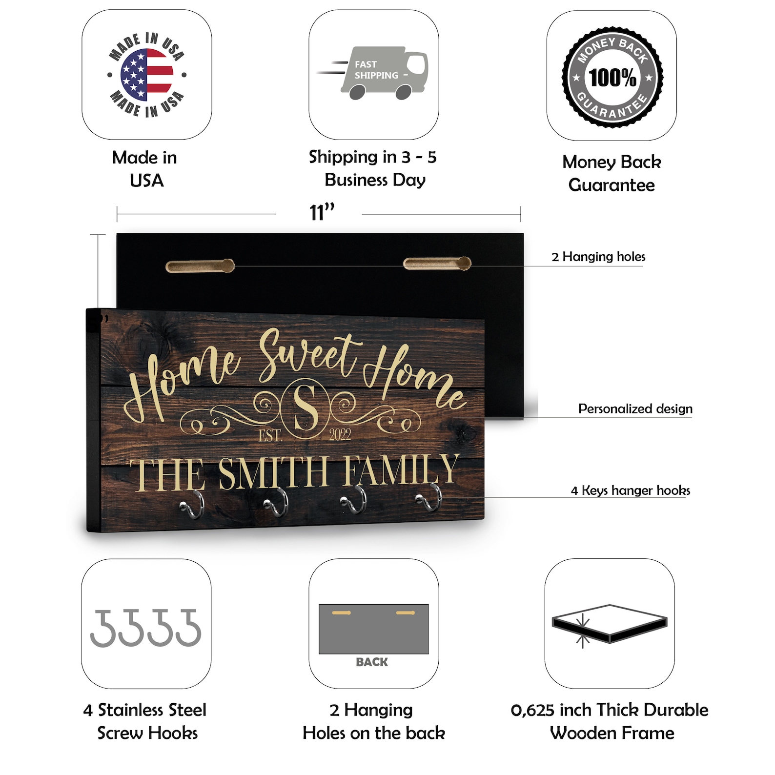 Personalized Key Holder for Wall Custom Key Hanger With - Etsy