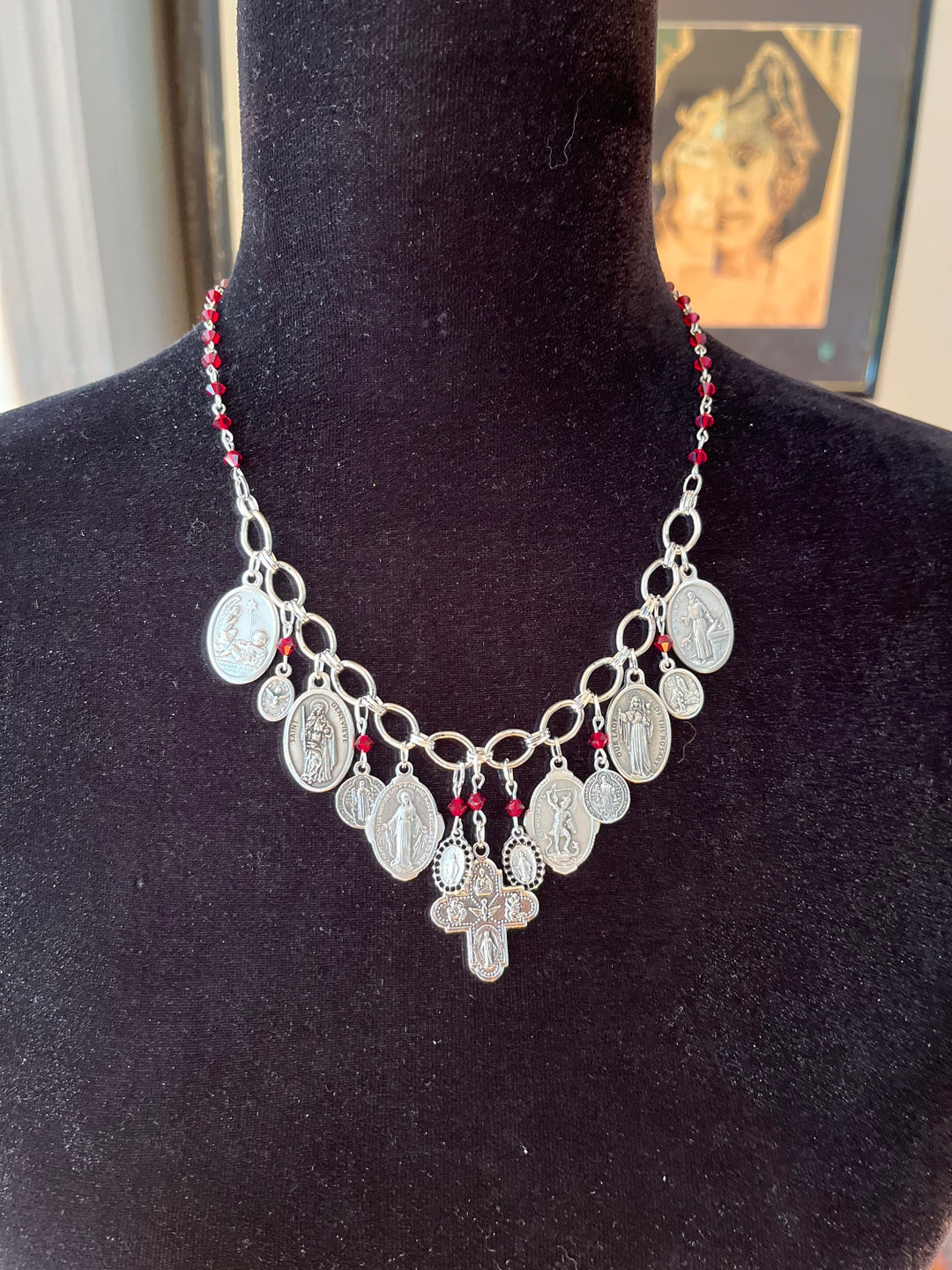 Catholic Faith Necklace Siam Red Crystal Beads Catholic Saints Mother ...