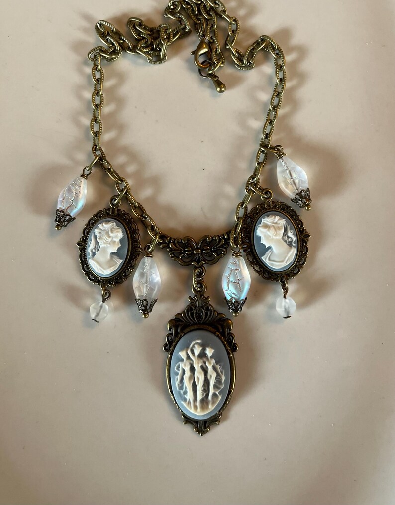 Three Graces Cameo Choker Necklace: Wedgwood Inspired Blue Bib, Vintage ...