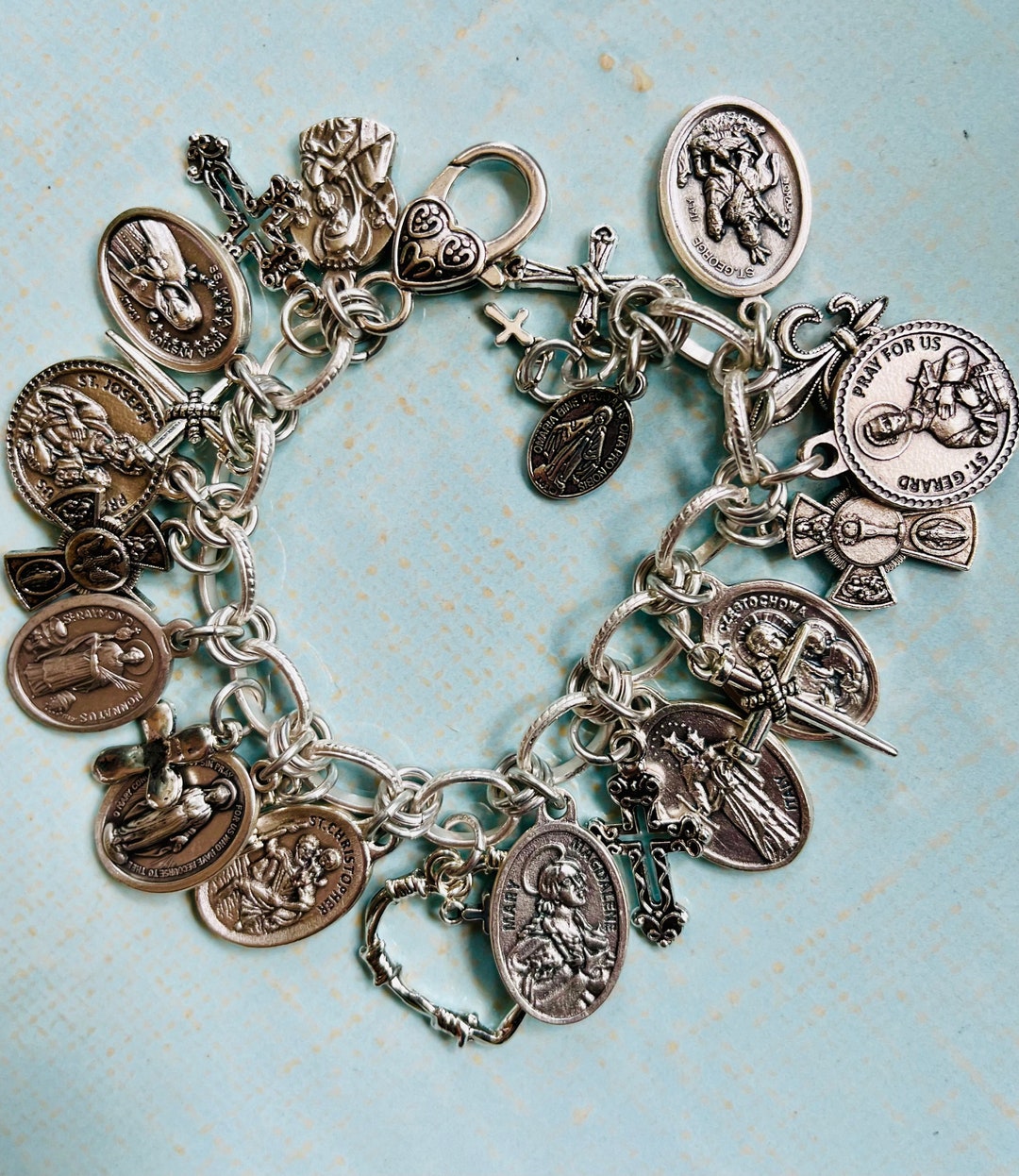Saints & Crosses Silver Tone Catholic Charm Bracelet/catholic Saints ...