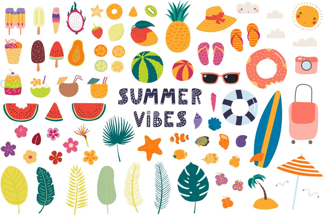 Summer Vibes Clipart Set - Bright and Fun Tropical Svgs - Instant ...