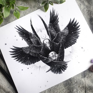 Celestial Raven Bird Wings Illustration Art Painting Print, Astrology ...