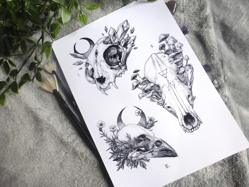 Animal Skulls Tattoo Design Flash Sheet Illustration Art - Etsy