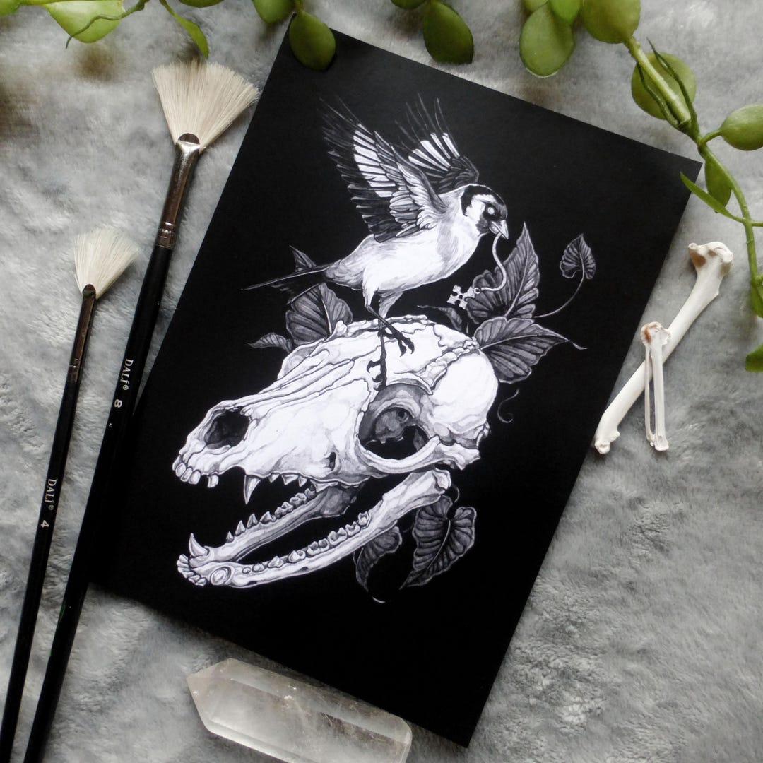 Goldfinch Fox Skull Gothic Style Painting Illustration Art Digital ...
