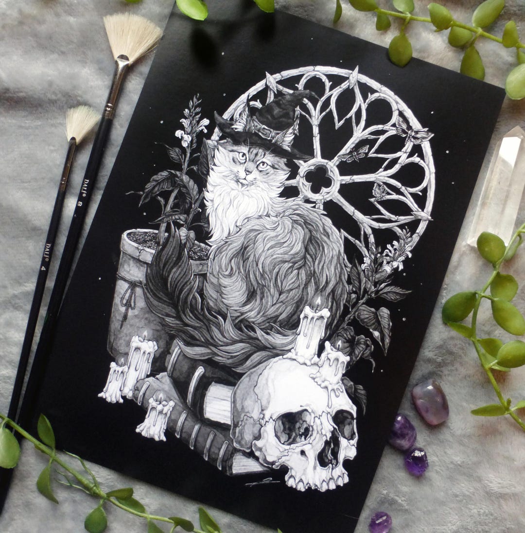 Halloween Witch Cat Familiar Illustration Painting Art Digital Print ...