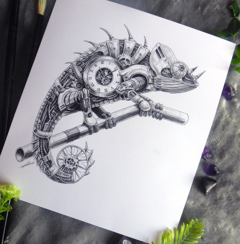 Steampunk Mechanical Chameleon Illustration Art Digital Print | Etsy