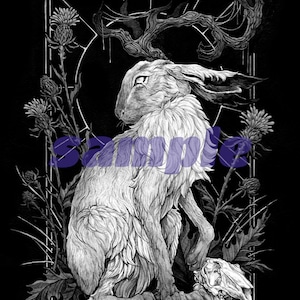 Jackalope Hare Cryptid Watercolour Painting Illustration Print, Hare ...