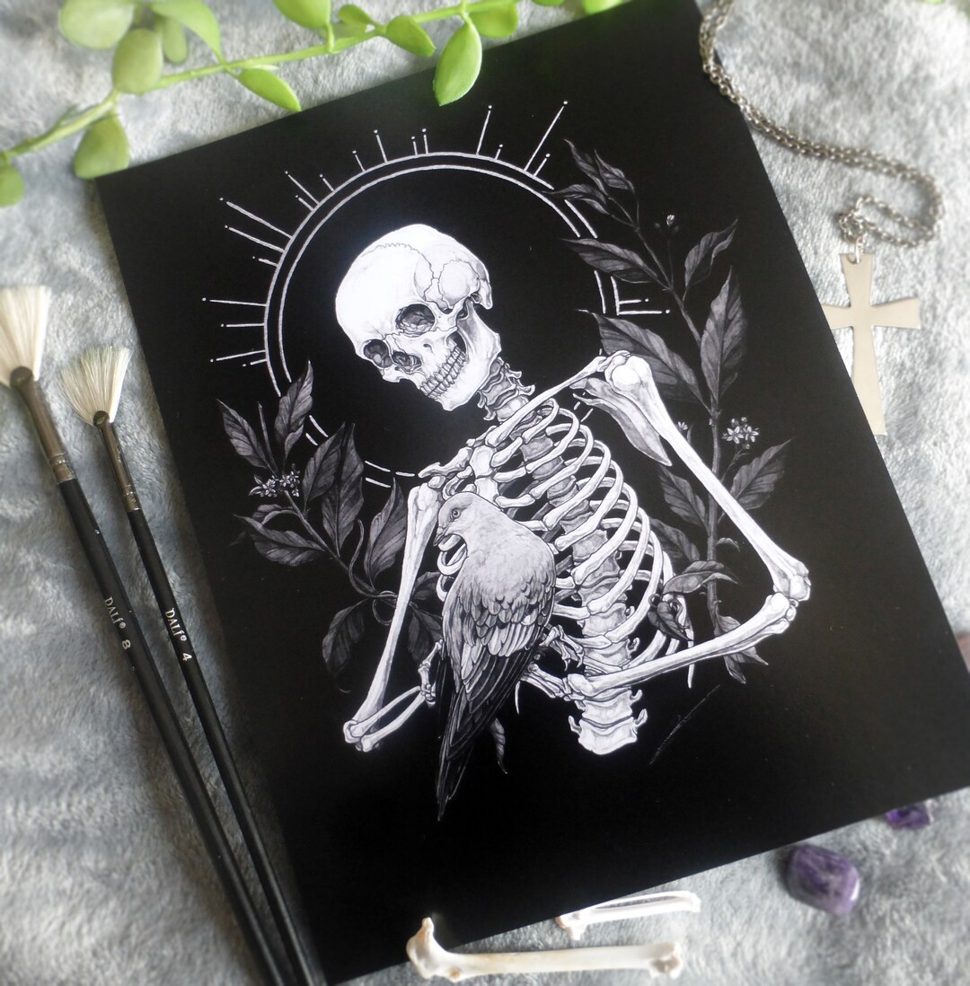 Skeleton With Pigeon Gothic Spooky Horror Art Print, Martha Passenger ...